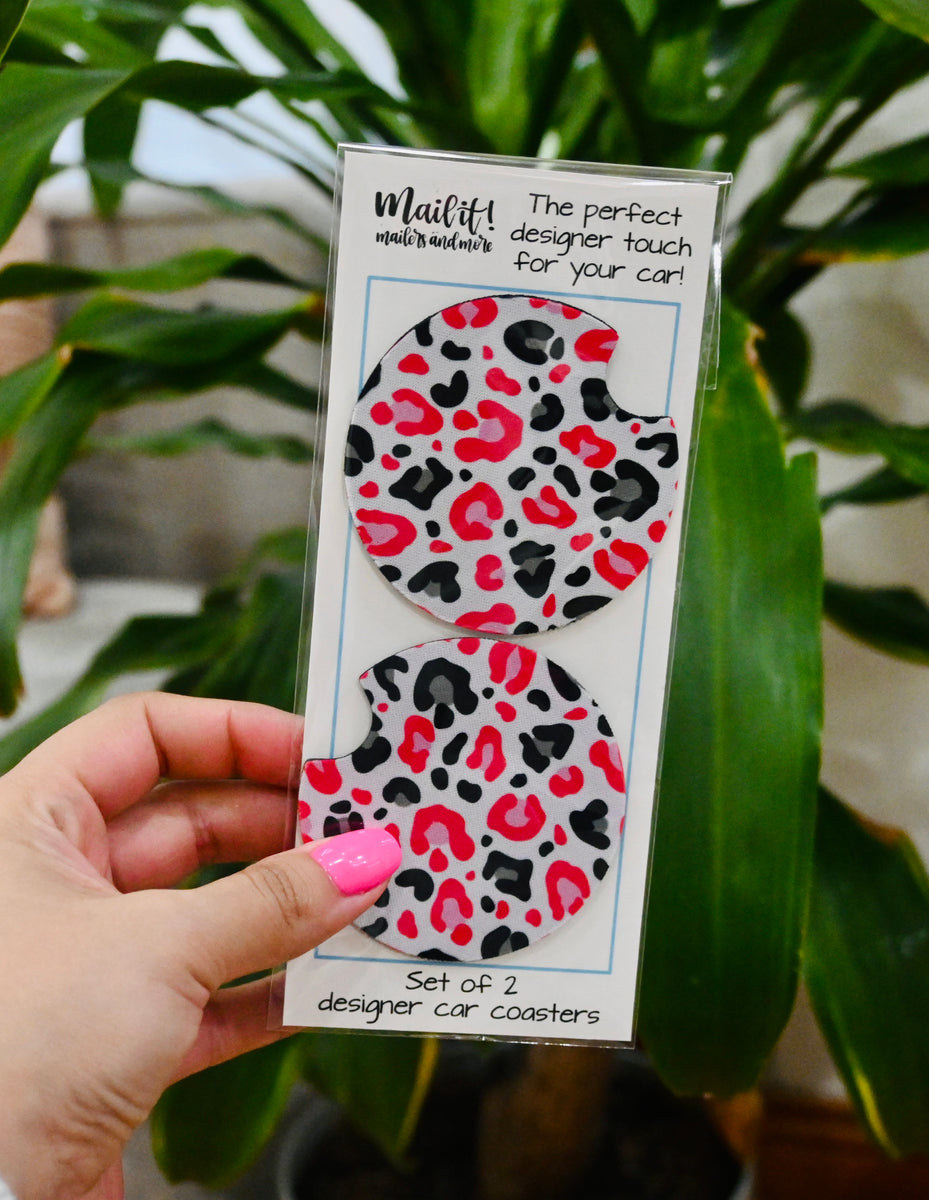 Hot pink leopard car coasters - set of 2 – Mail it! mailers and more